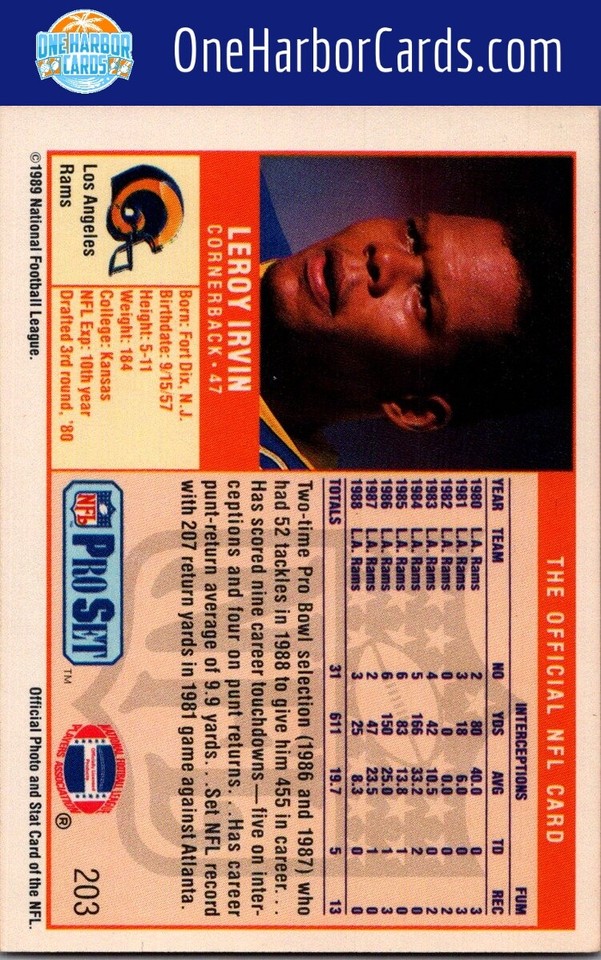 1989 Pro Set Los Angeles Rams Football Card #203 LeRoy Irvin | eBay