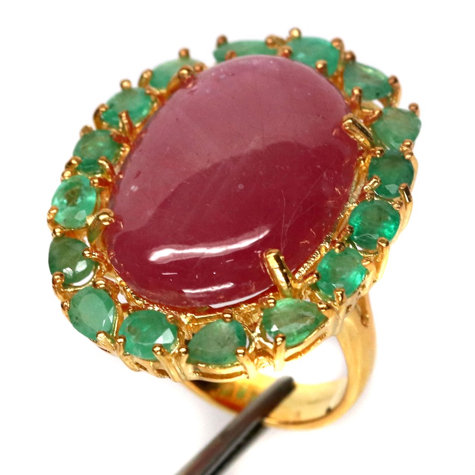 Heated 17 X 25 mm. Red Ruby & Green Emerald Women Ring 925 Silver 18K ...