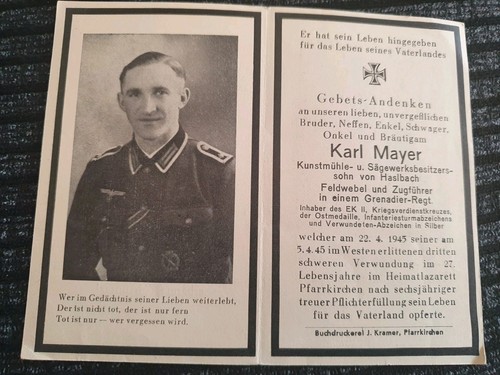 original german ww2 death Card Karl Mayer Zugfuhrer 22 Apr 1945 Westen ...