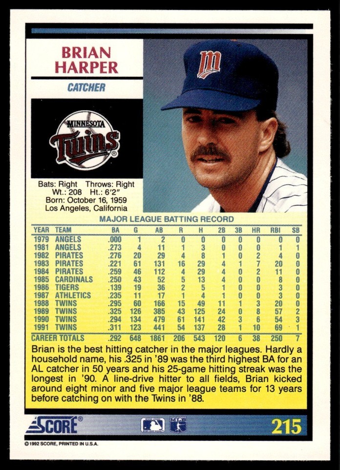 1992 Score Baseball Card Brian Harper Minnesota Twins #215 | eBay