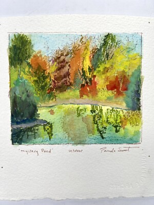 Pamela Sweet Ink & Gouache Impressionist Autumn Pond Scene Painting 7x6 ...