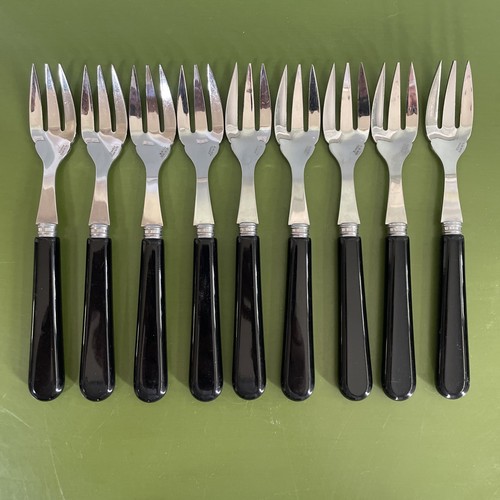 Set of 9 Dinner Forks 18/10 INOX France Flatware Black Handle Stainless ...