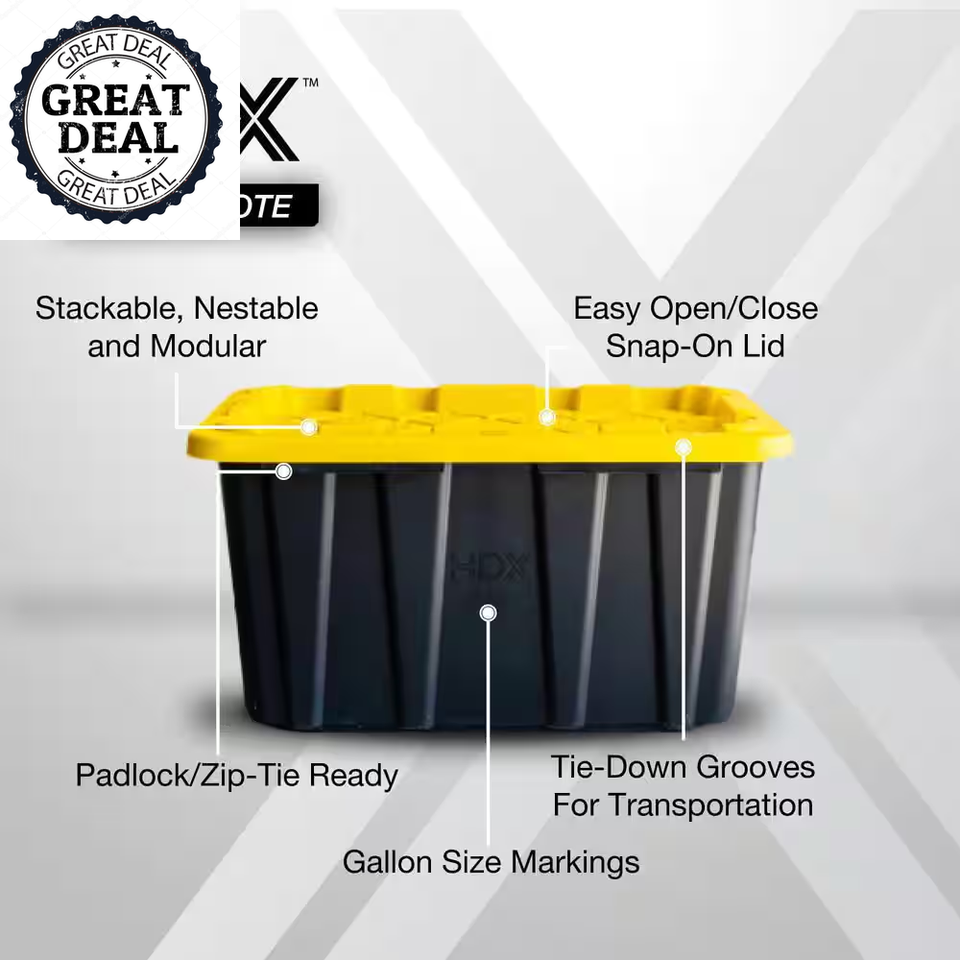 HDX 27-Gallon Heavy Duty Storage Bin – Black/Yellow Stackable Organizer Tote NEW | eBay