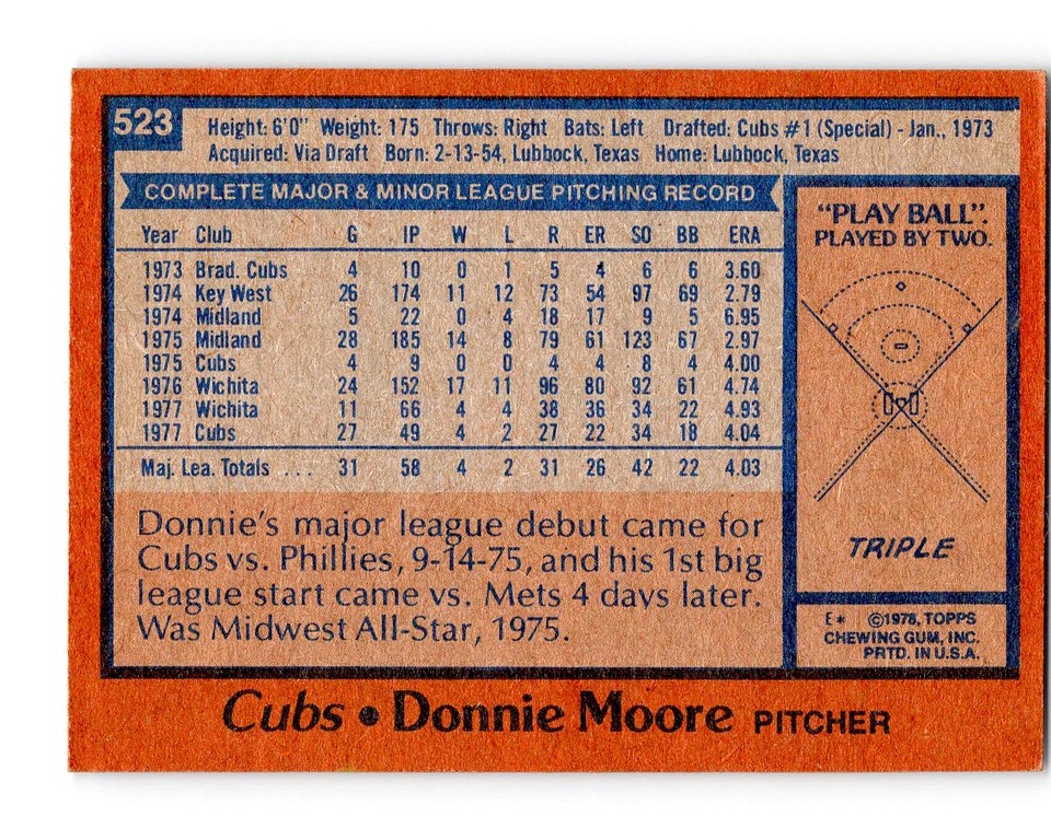 1978 Topps #523 Donnie Moore Chicago Cubs Baseball Card RC EX-EXMT | eBay