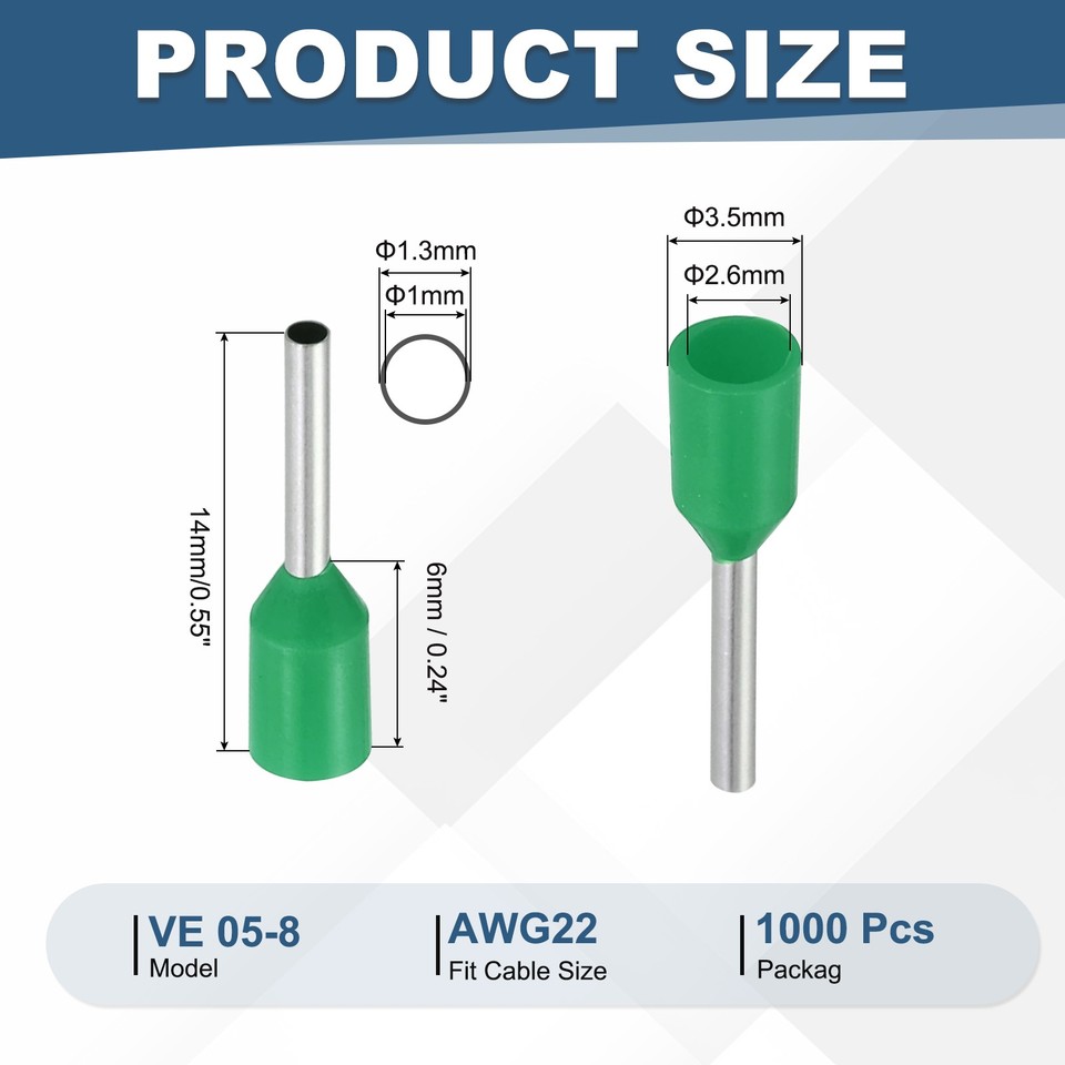1000Pcs AWG22 Wire Ferrules Terminal, VE 05-8 Wire End Terminals(Green ...