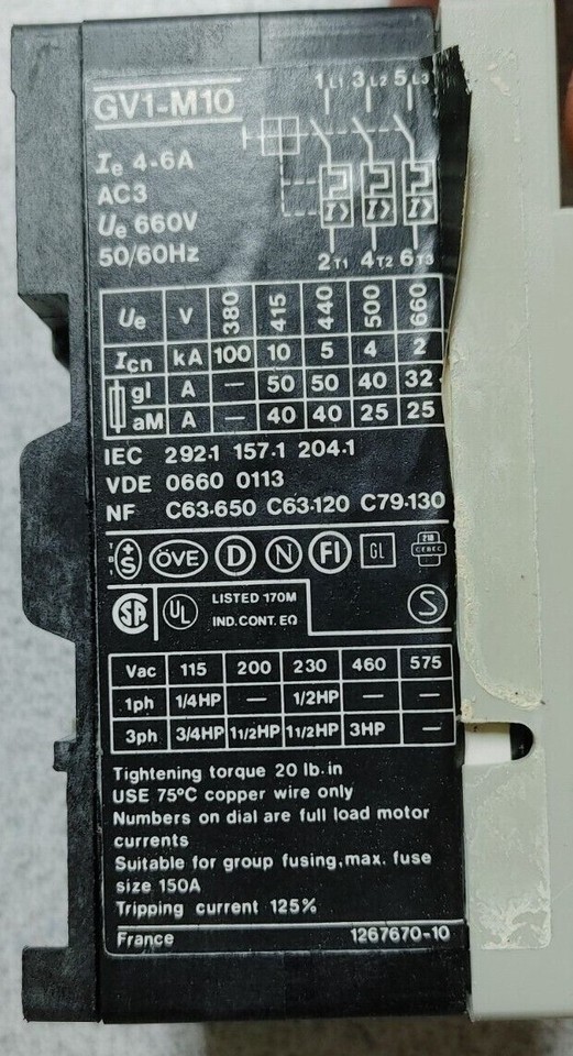 TELEMECANIQUE GV1-M10 MANUAL MOTOR STARTER 4-6A 3HP WOW!! | eBay