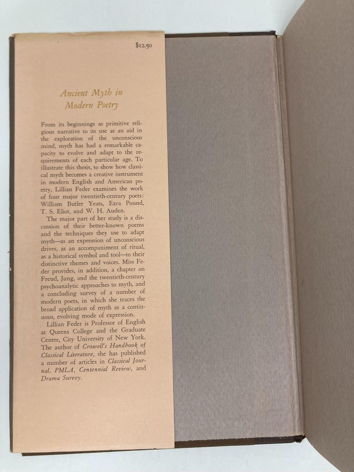 Ancient Myth in Modern Poetry by Lillian Feder First 1st Edition VG HC ...
