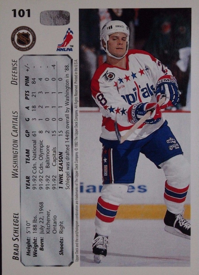 Brad Schlegel Capitals Autographed 1992 Upper Deck #101 Hockey Card JSA ...