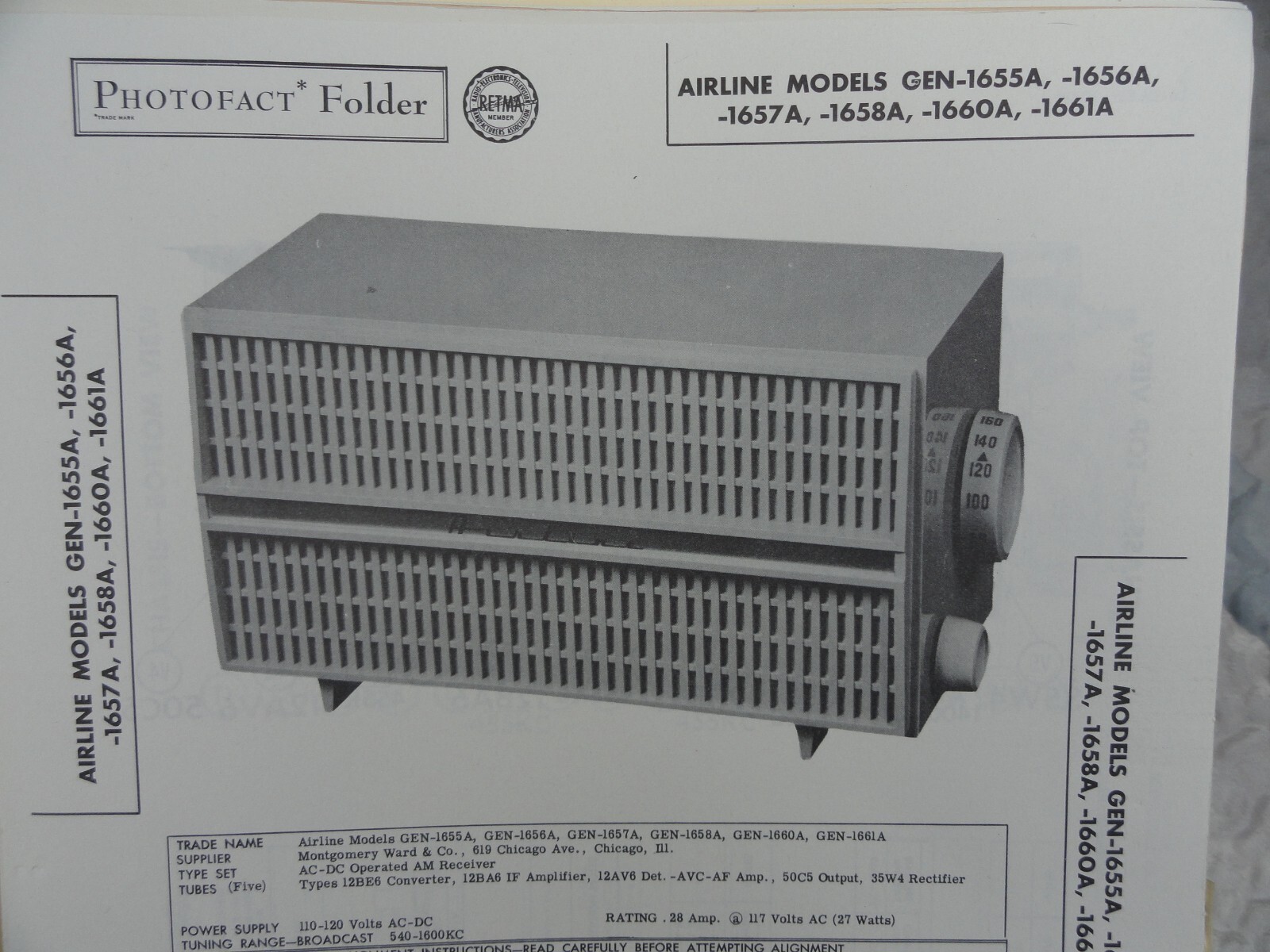 Original Sams Photofact Manual AIRLINE GEN-1655A, GEN-1656A, GEN-1660A ...