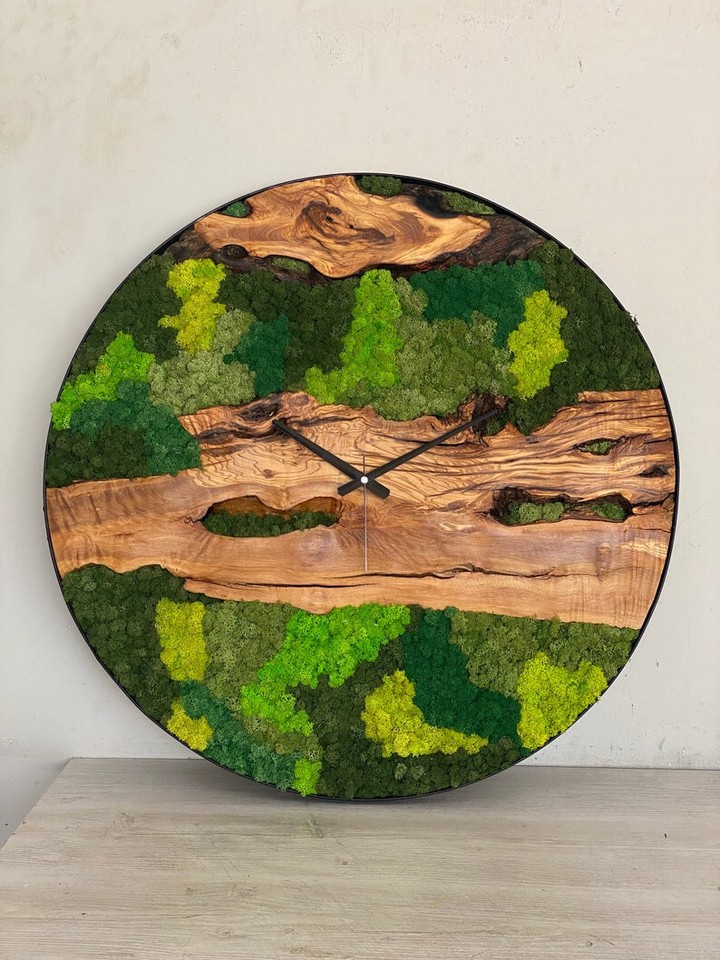 Metal Olive Wood Wall Clock Green Grass Nature 's Design Wooden Home ...