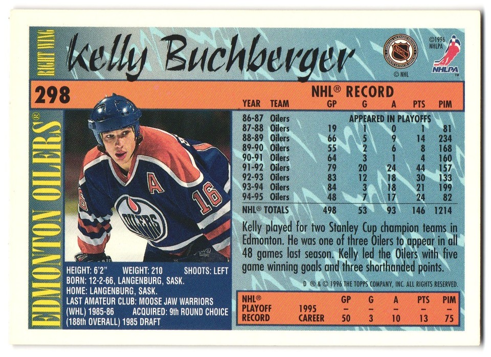 Kelly Buchberger Autographed 1995 Topps Card #298 Edmonton Oilers | eBay