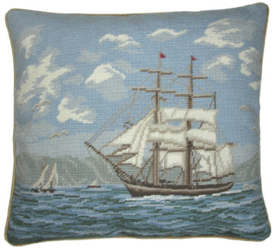 Nautical Throw Pillow Wool Needlepoint Petit Point Sail Boat Ship 16x18 ...