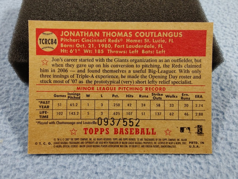 2007 TOPPS 52 RC CHROME REFRACTOR JON COUTLANGUS 093/552 CINCINNATI ...
