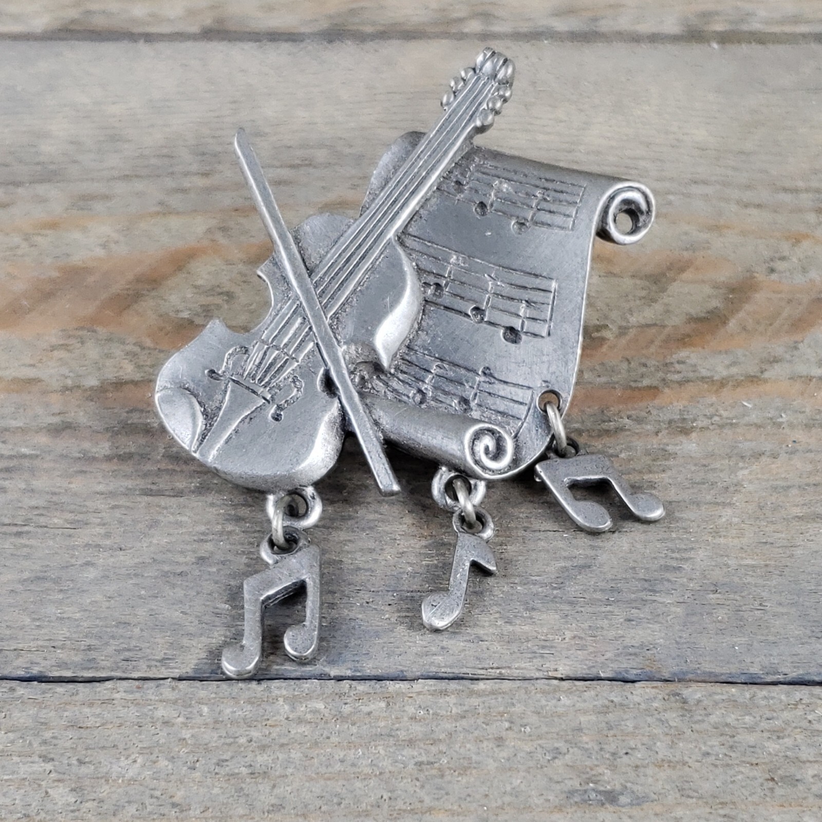 Music Notes Violin Pewter Pin Brooch Signed L.C.D. Jewelry With 3 Note ...
