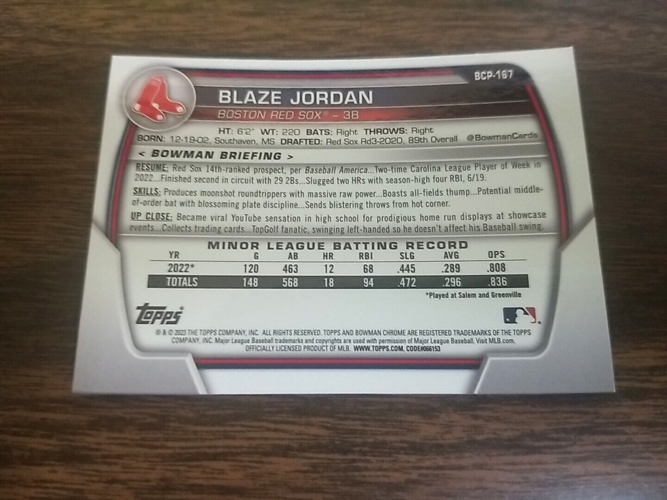 BLAZE JORDAN 2023 BOWMAN BLUE SAPPHIRE CARD BCP-167 RED SOX (PROSPECT ...