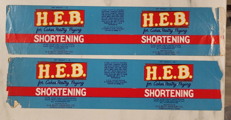 Label HEB Shortening Butt Grocery Harlingen Corpus Christy Texas | eBay