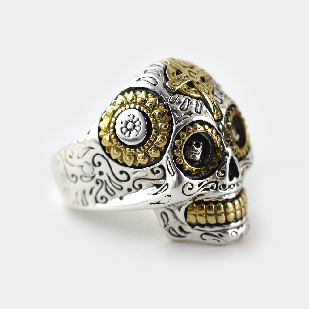 925 STERLING SILVER &Brass SUGAR SKULL CROSS MEN GIFT BIKER ROCKER RING ...
