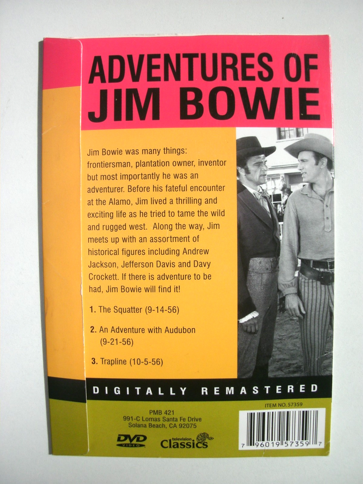 ADVENTURES OF JIM BOWIE DVD 9/14/56, 9/21/56, 10/5/56 3 HALF-HOUR ...