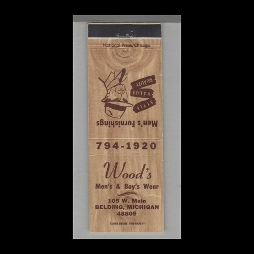 Matchbook Cover Wood's Men's & Boy's Wear Belding, MI | eBay
