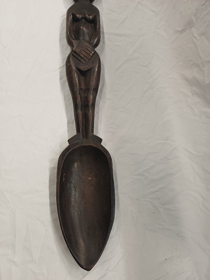 African Hand Carved Wooden Spoon with Figurative Handle Ethnographic ...