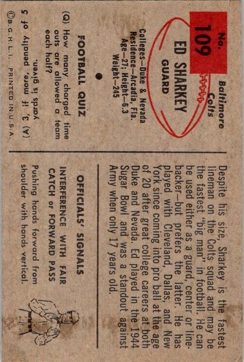 1954 BOWMAN FOOTBALL #109 ED SHARKEY MID GRADE IX | eBay