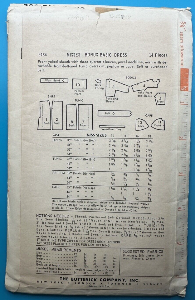 Basic Dress Sheath Peplum Cape Butterick 9464 Size 16 1960’s Vintage ...