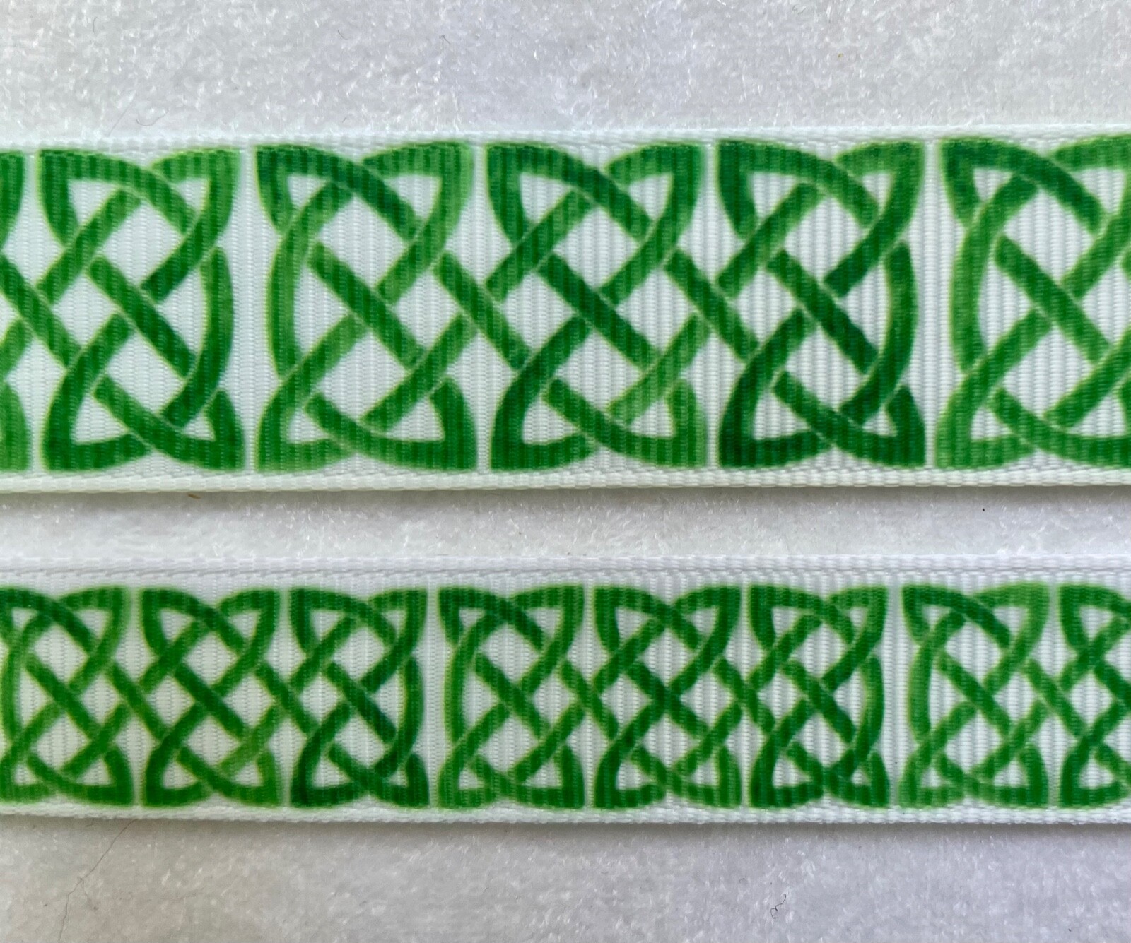 Green Celtic knot design on white Grosgrain ribbon 5/8" 7/8" Irish St ...