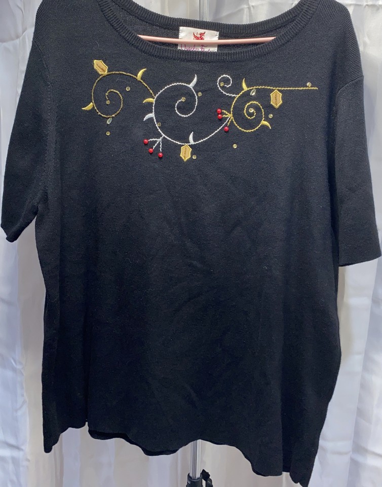 Quacker Factory 1X Women Sweater Black Christmas Holiday Short Sleeve ...