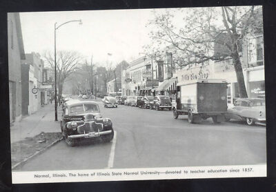 NORMAL ILLINOIS DOWNTOWN STREET SCENE OLD CARS STORES POSTCARD COPY ILL ...