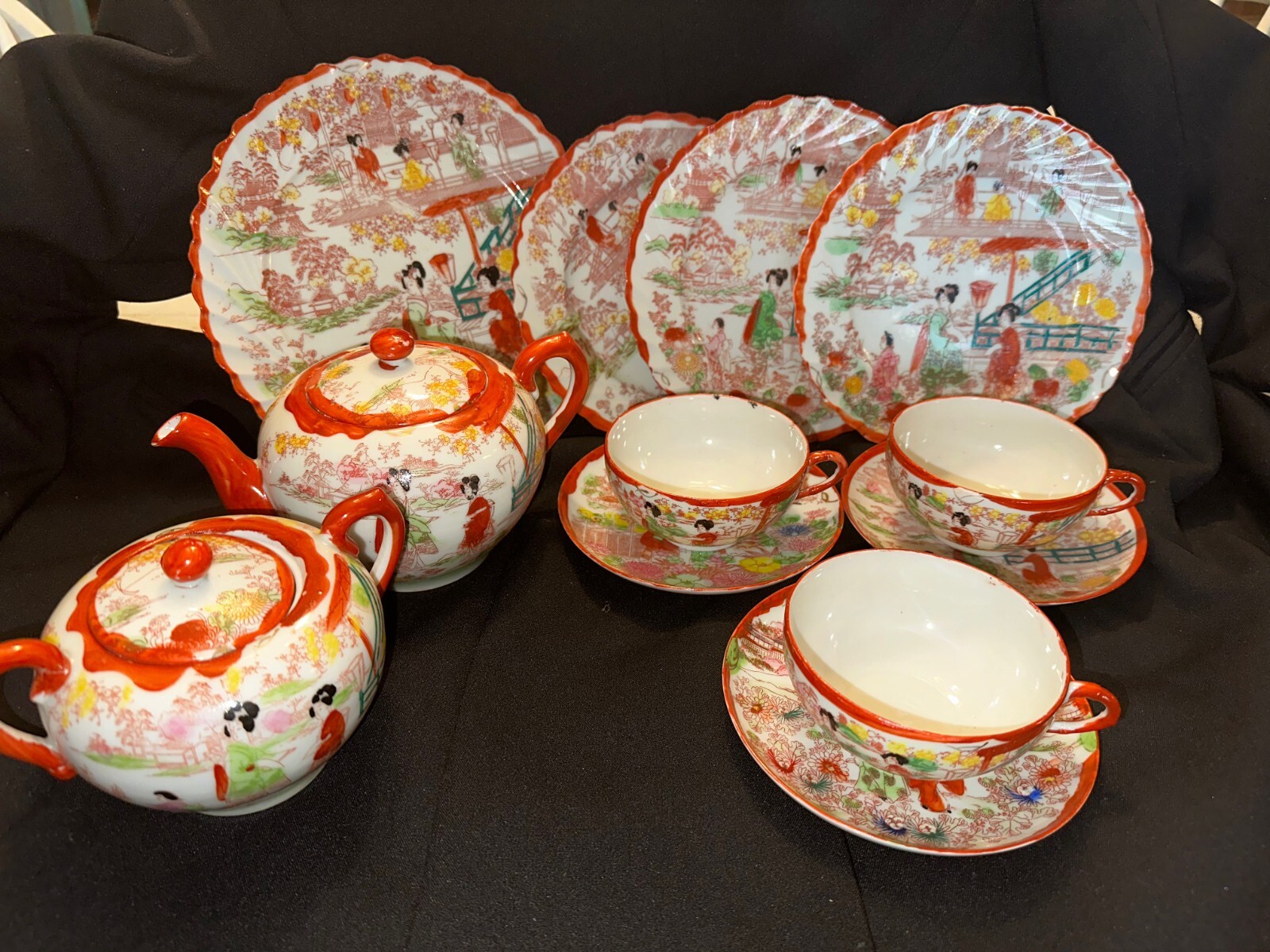VINTAGE 14 PIECE TEA SET PORCELAIN TEAPOT CUPS PLATES SAUCERS RED ...