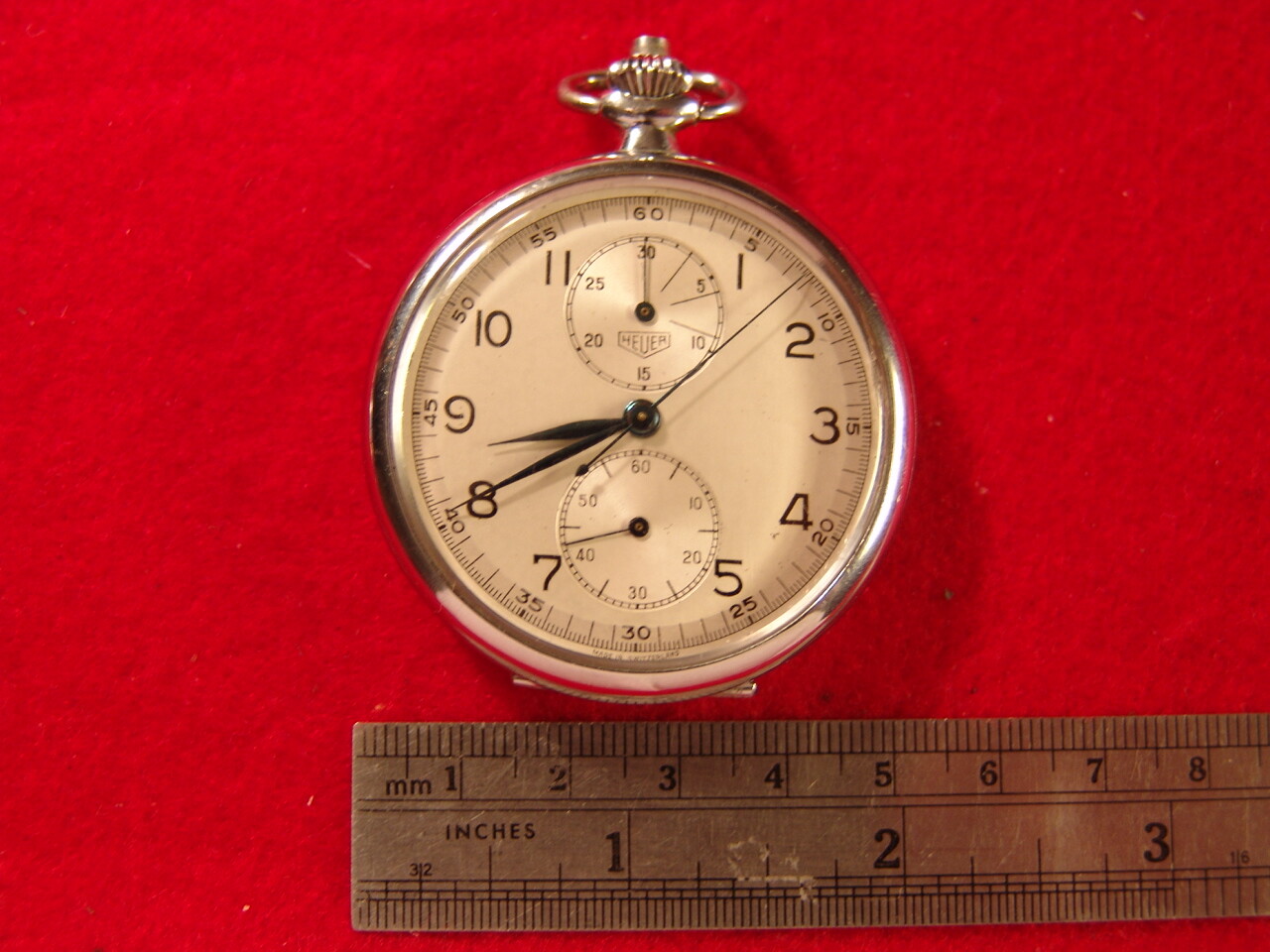 HEUER "VALJOUX 61" Pocket Watch Chronograph w/2 Registers, 1/5 second ...