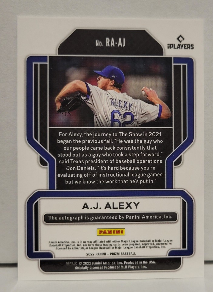 2022 Panini Prizm Baseball AJ Alexy #RA-AJ Rookie RC Autographs Texas ...