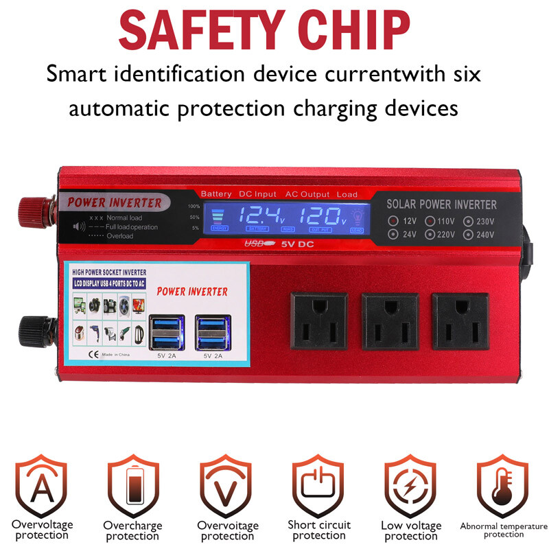 Car Power Inverter 3000W 4000W 6000 Watt 12V DC to 110V AC Solar Power ...