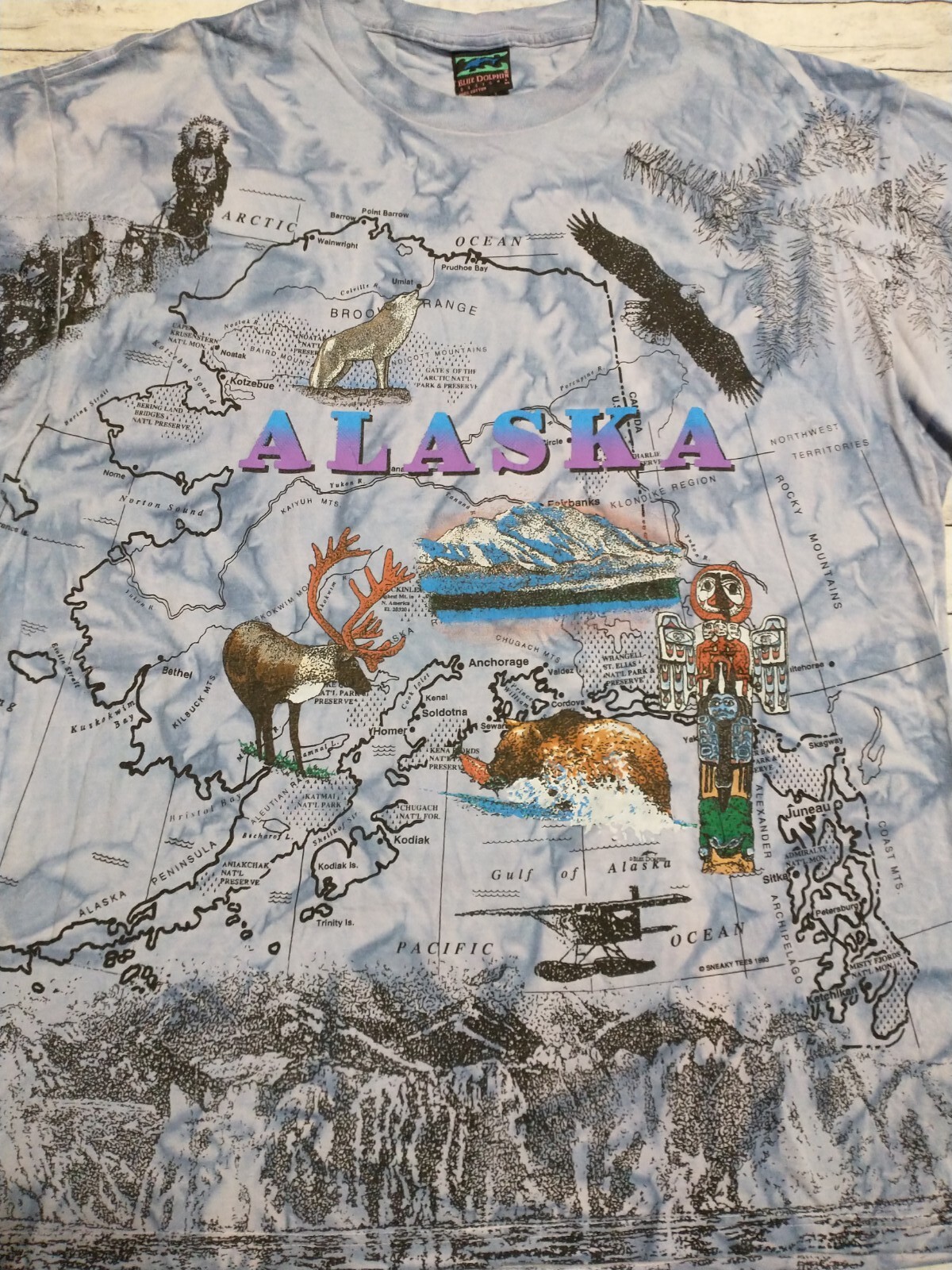 Vintage Blue Dolphin Tag Alaska Map All Over Print Do… - Gem