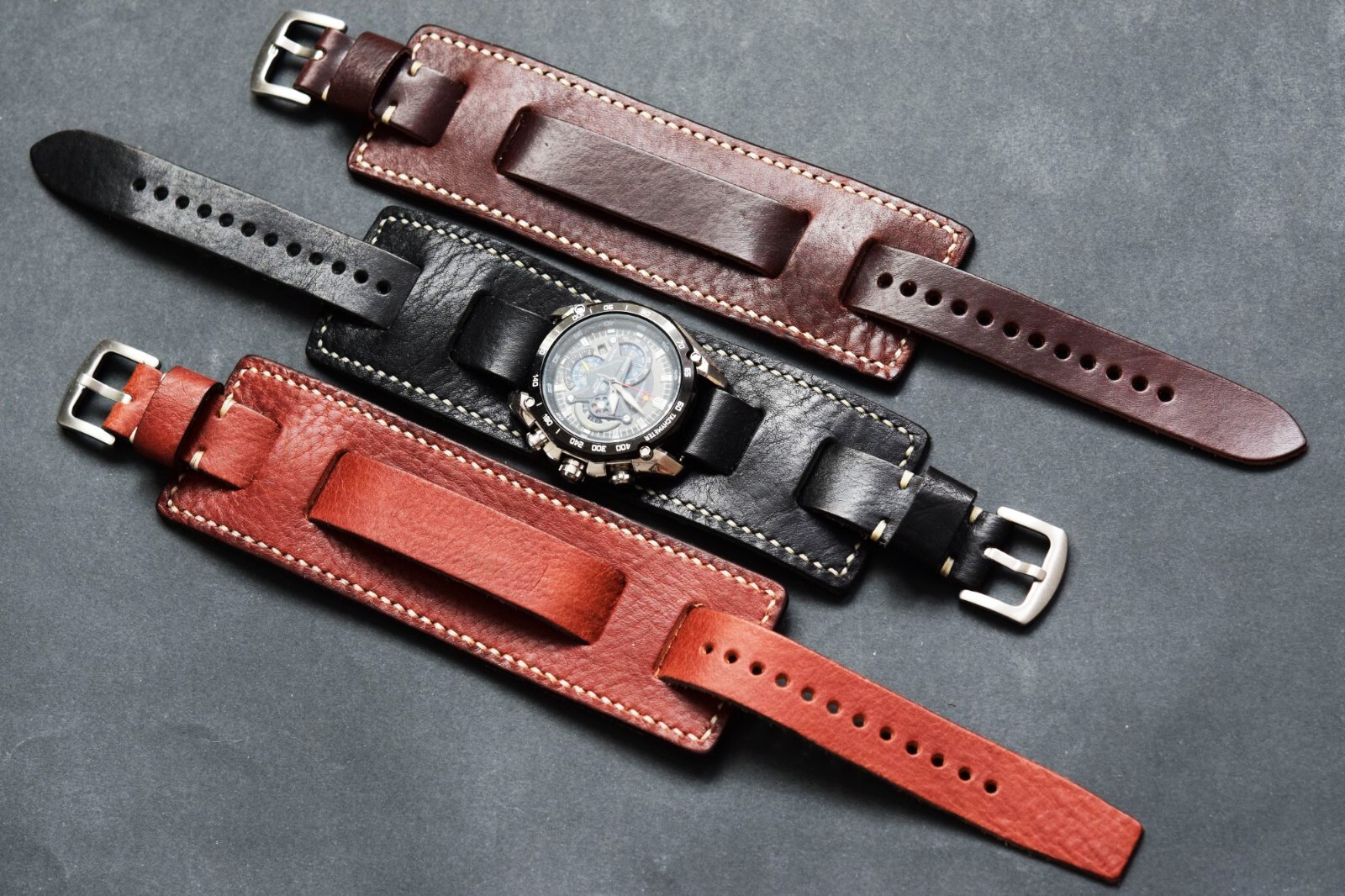 Full grain leather watch strap bund 18-26 mm hand crafted military cuff ...