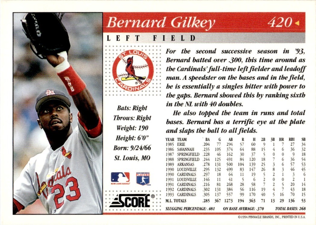 1994 Score Baseball Card Bernard Gilkey St. Louis Cardinals #420 | eBay