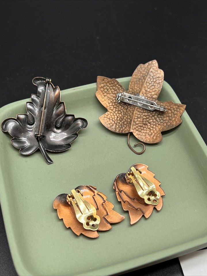 3 Vintage Copper Pin Brooch & Clip Earrings Leaves (3294) | eBay