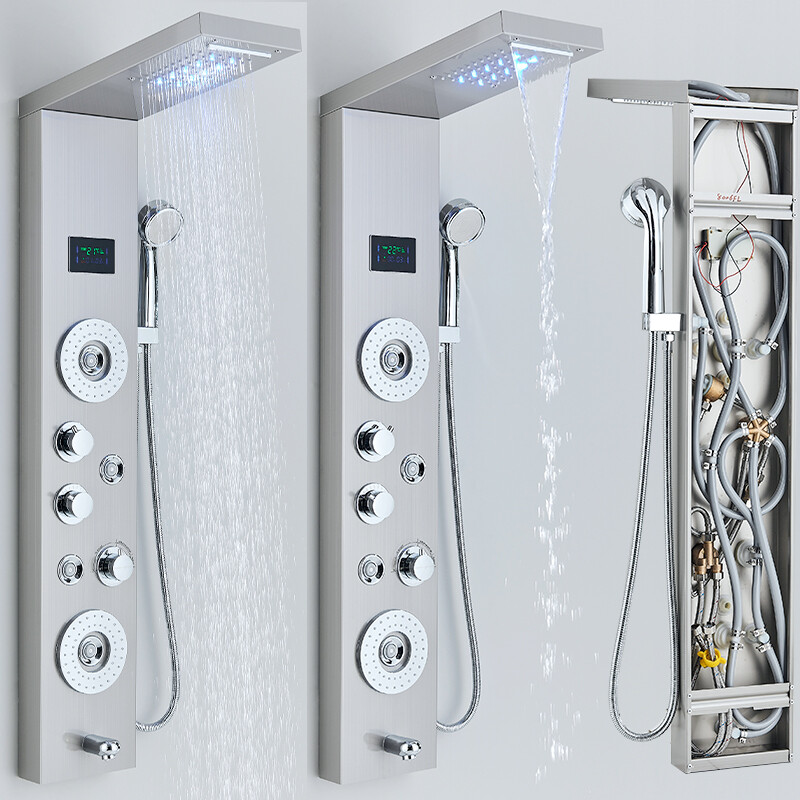 LED Shower Panel Column Tower Stainless Steel Black Waterfall Body Jet ...