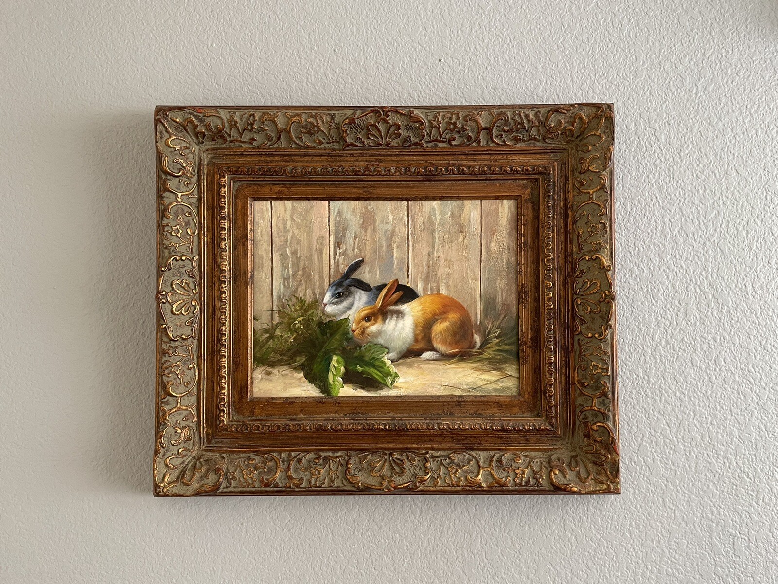 Vintage Original Bunny Rabbit Painting Chunky 3.25” Ornate Gilded frame ...