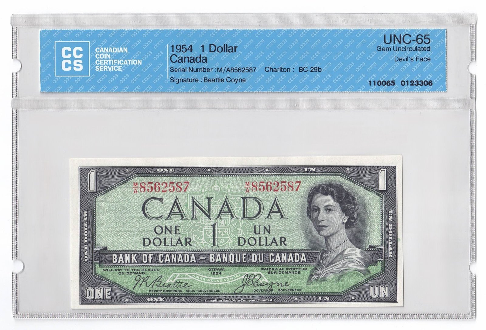 1954 $1 Dollar The Bank of Canada DEVIL'S FACE Banknote CCCS Graded UNC ...
