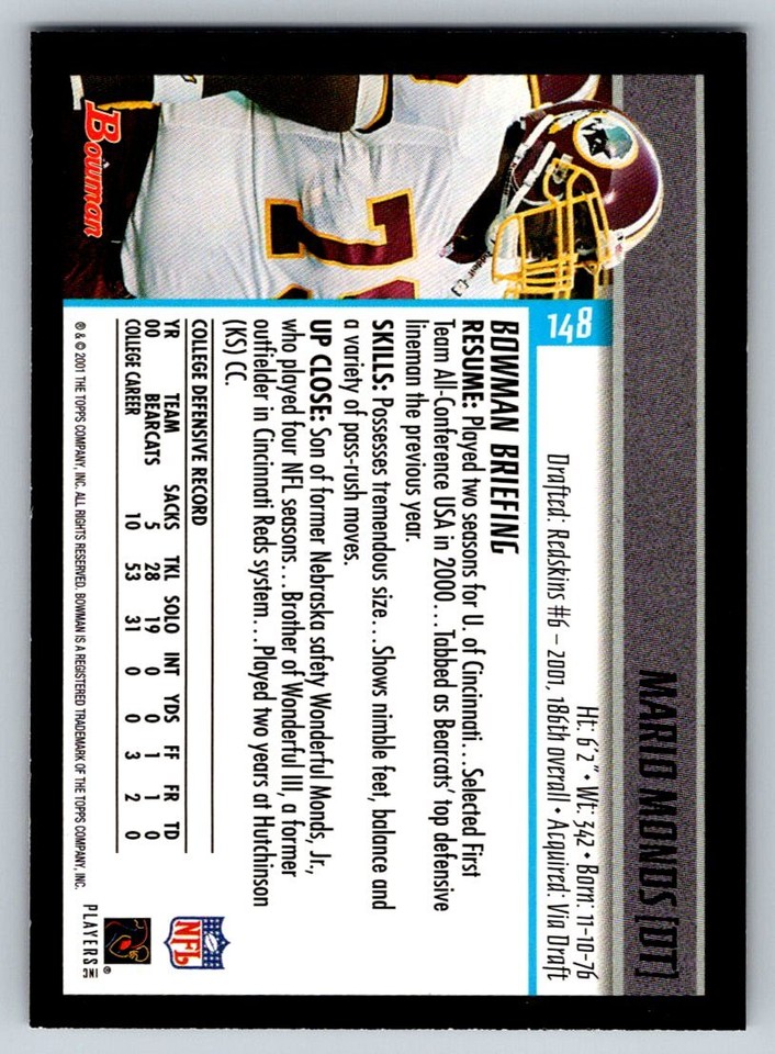 2001 Bowman #148 Mario Monds Rookie Card Washington Redskins | eBay