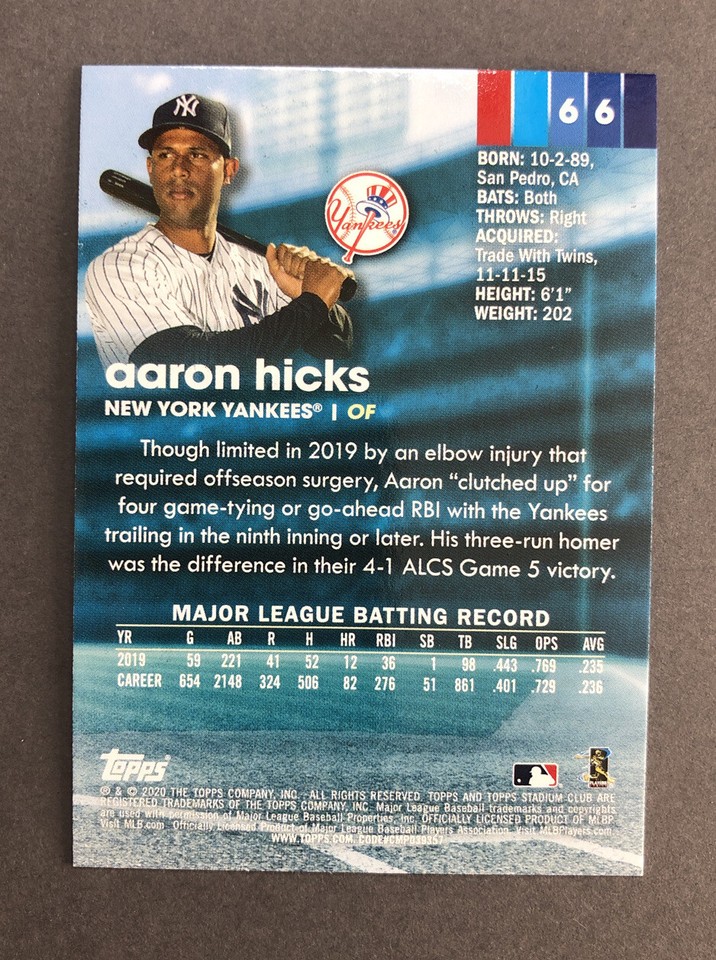2020 Topps Stadium Club AARON HICKS Base Card #66 New York Yankees | eBay