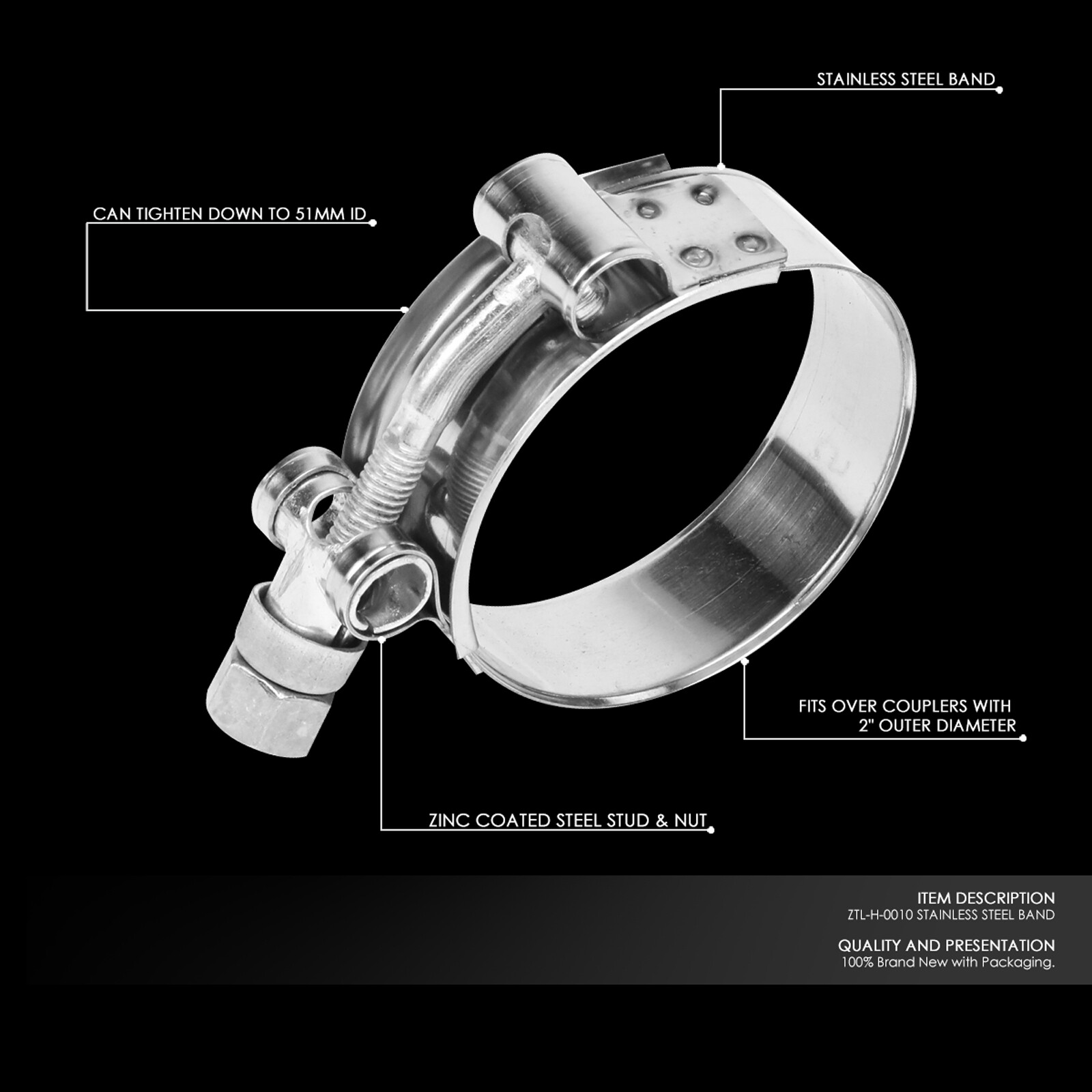 10 X 2" 304 STAINLESS STEEL BAND TURBO PIPE HOSE COUPLER T-BOLT CLAMPS ...