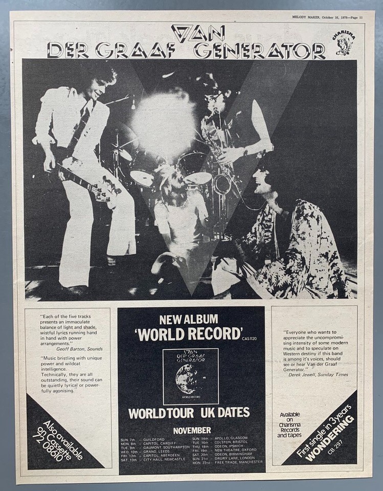 VAN DER GRAAF GENERATOR 1976 POSTER ADVERT WORLD RECORD Peter Hammill ...