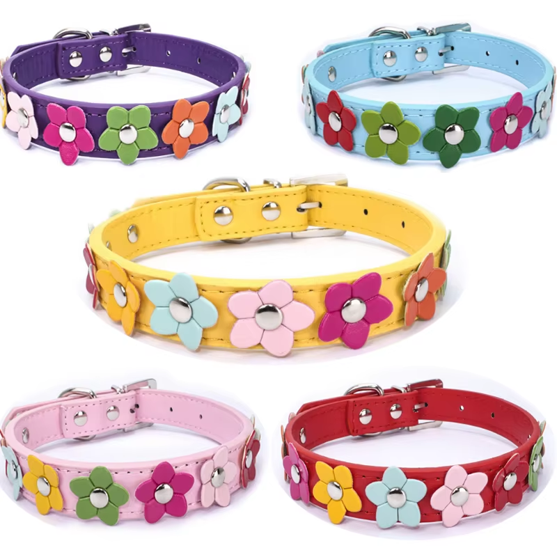 Flowers Pet Dog Collar Leash PU Leather Cat Collier Chain Neck Strap ...