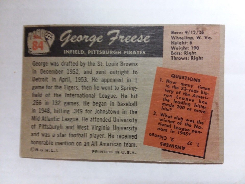 1955 Bowman George Freese #84 Nm Small Wax Stains Back | eBay