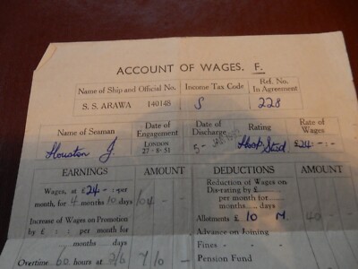 SHAW SAVILL LINE SS ARAWA 1950S PAY SLIP JAMES HOUSTON ab | eBay UK