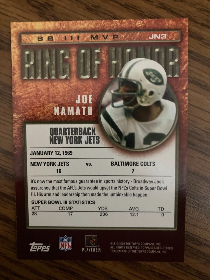2002 Topps Ring of Honor Insert #JN3 Joe Namath New York Jets NrMt | eBay