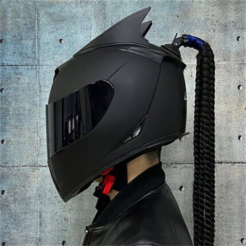Full Face Motorcycle Riding Helmet Motorbike Black Horn Helmet with Wig ...