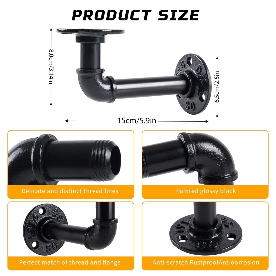 L-Shaped Industrial Pipe Shelf Brackets, Black Metal Wall-Mounted F ...